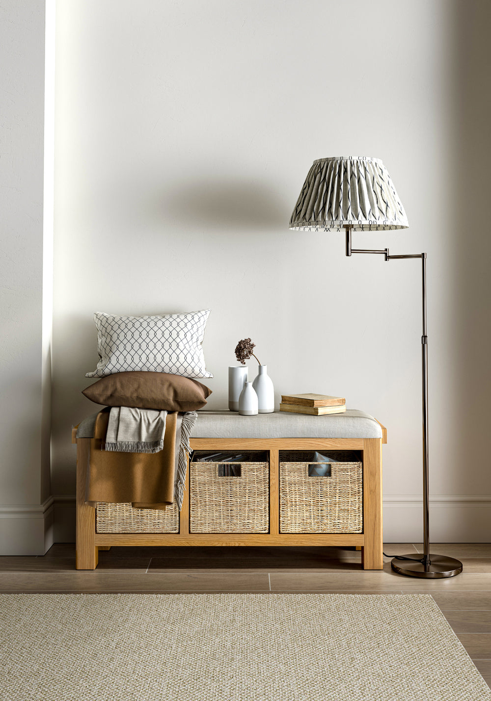 Chatsworth Oak Bench with Storage Baskets – A World of Furniture